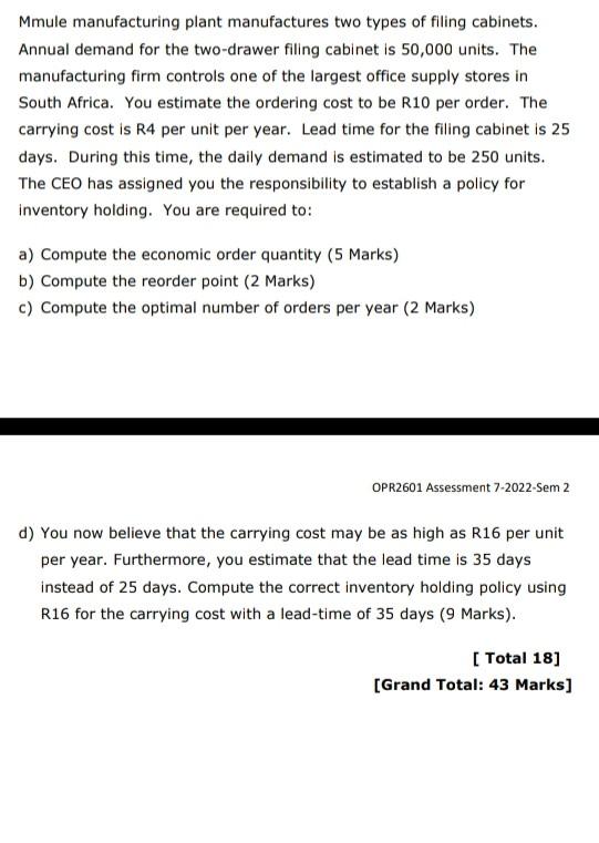Solved Mmule manufacturing plant manufactures two types of | Chegg.com