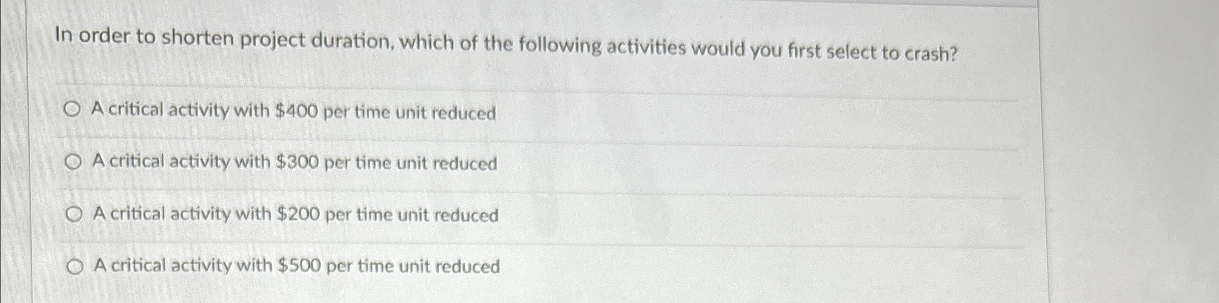 Solved In order to shorten project duration, which of the | Chegg.com