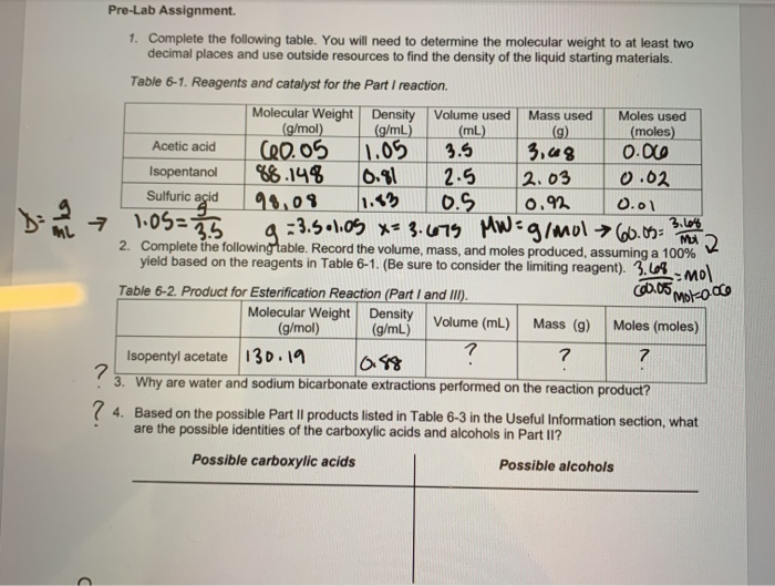 Pre-Lab Assignment. 1. Complete the following table. | Chegg.com