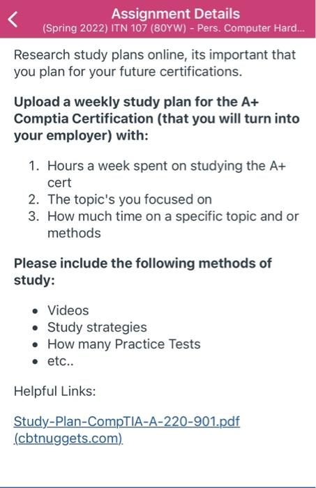 Solved upload weekly study guide plan for A+can you please | Chegg.com