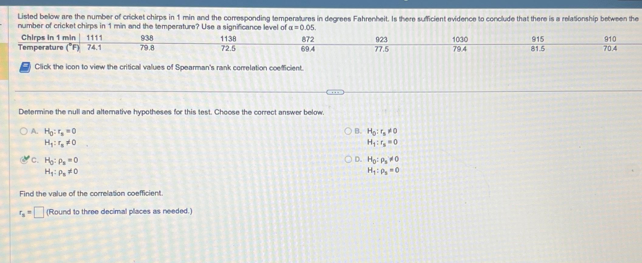 Solved Listed below are the number of cricket chirps in 1min | Chegg.com