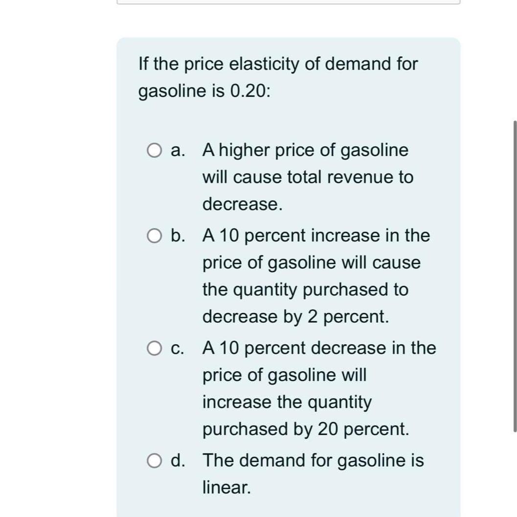 Solved If the price elasticity of demand for gasoline is | Chegg.com