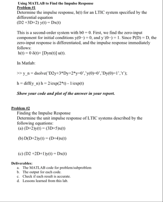 Solved Using MATLAB to Find the Impulse ResponseProblem | Chegg.com