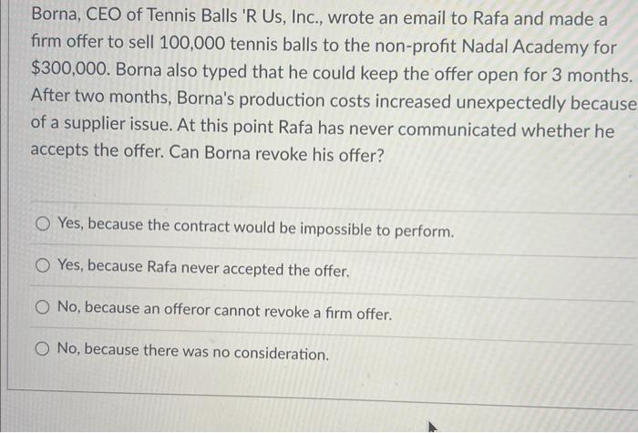 Borna, CEO of Tennis Balls 'R Us, Inc., wrote an | Chegg.com