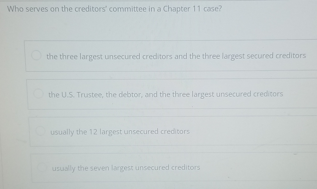 Who serves on the creditors' committee in a Chapter | Chegg.com