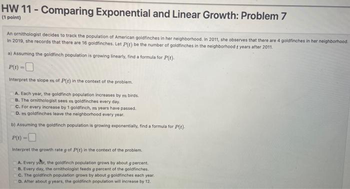 Solved HW 11 - Comparing Exponential and Linear Growth: | Chegg.com