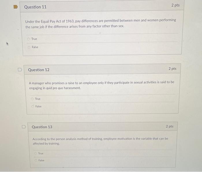 Solved Question 11 2 pts Under the Equal Pay Act of 1963, | Chegg.com