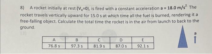 Solved 8) A rocket initially at rest (V0=0), is fired with a | Chegg.com