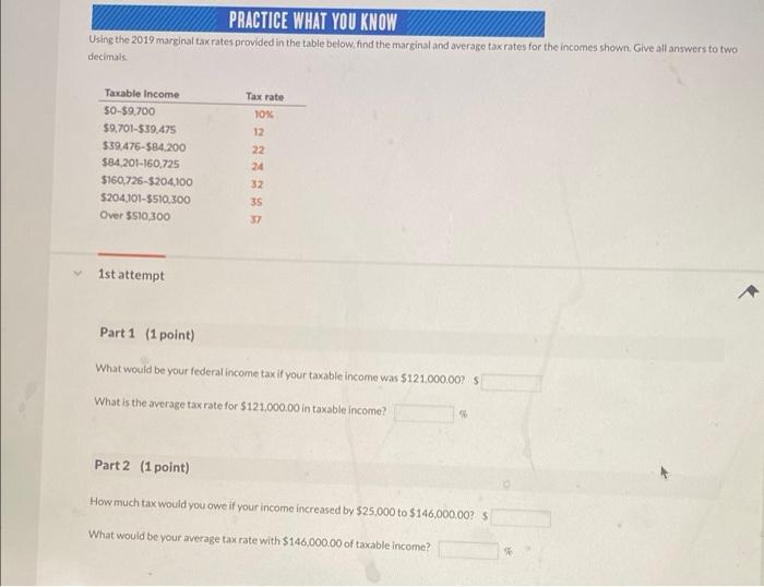 Solved PRACTICE WHAT YOU KNOW Using the 2019 marginal tax | Chegg.com
