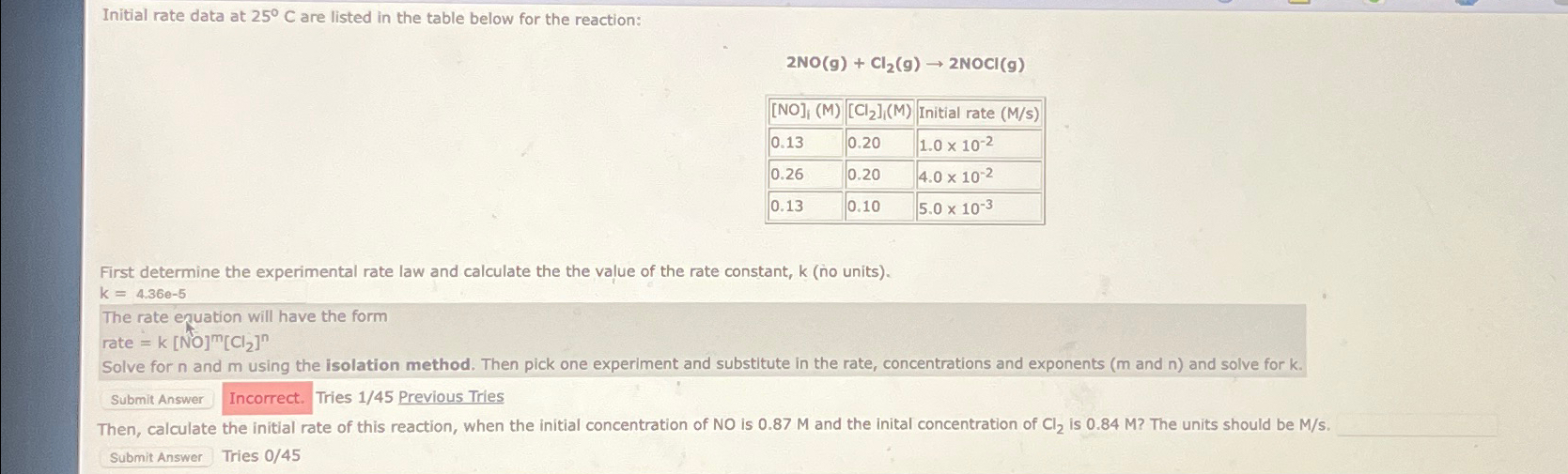 Solved Initial rate data at 25°C ﻿are listed in the table | Chegg.com