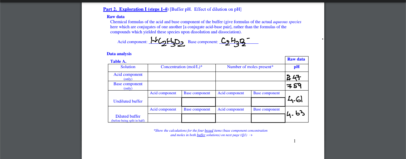 Part 2. ﻿Exploration I (steps 1-4) [Buffer pH. | Chegg.com