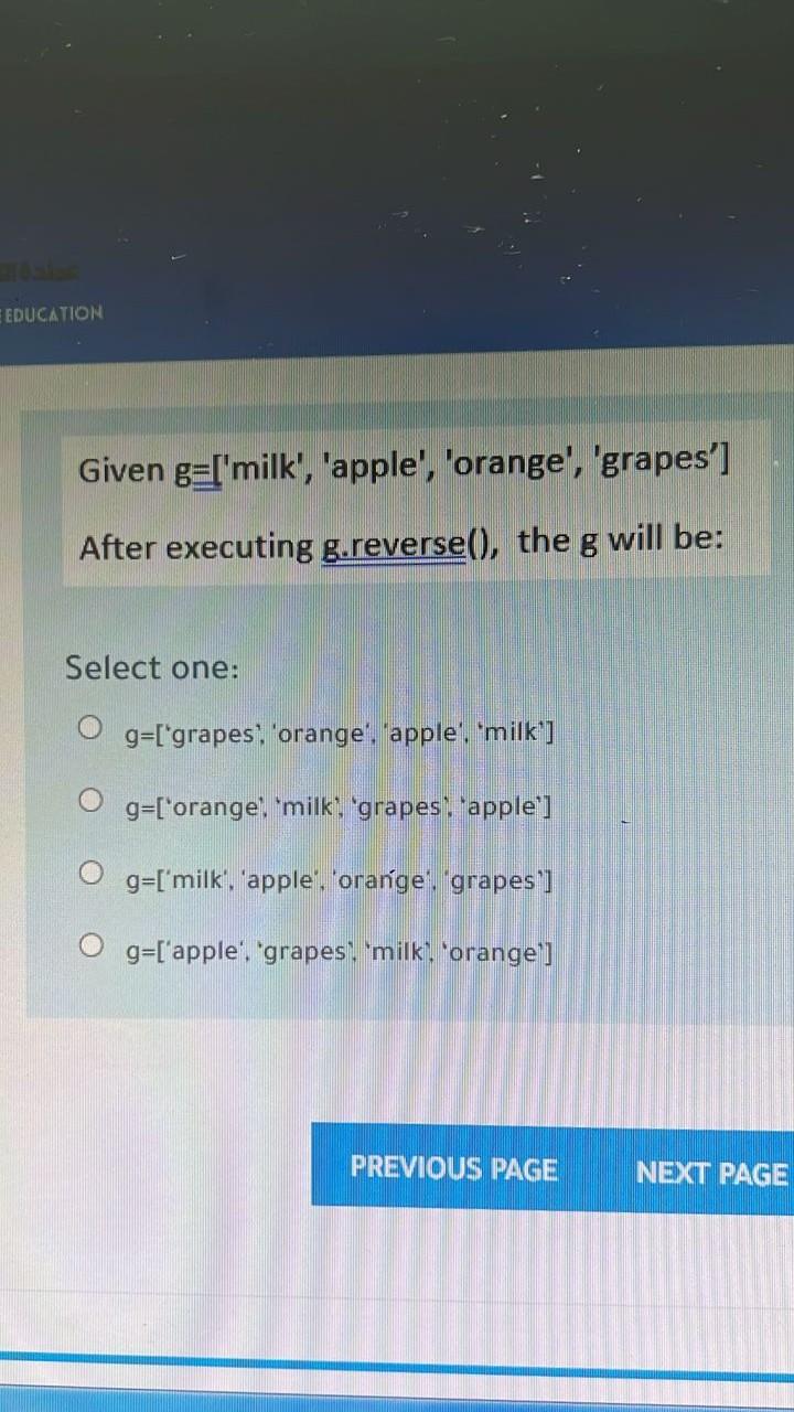 Solved Given g≡[2 'milk', 'apple', 'orange', 'grapes'] After | Chegg.com