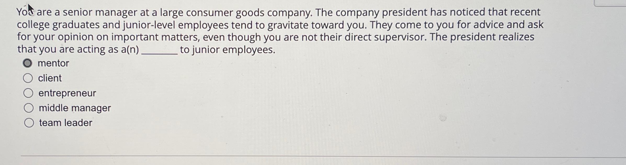 Solved Yot are a senior manager at a large consumer goods | Chegg.com