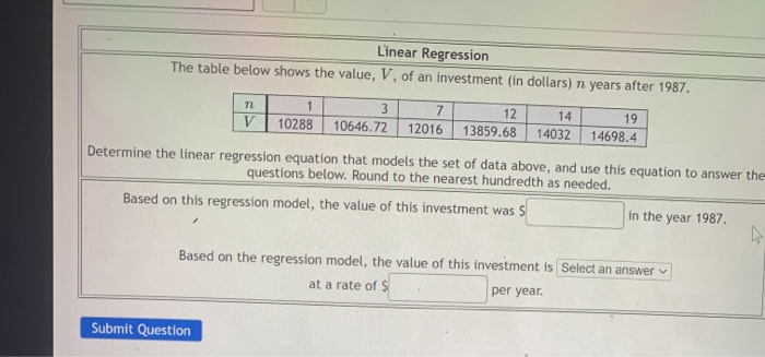 Solved Linear Regression The table below shows the value, V, | Chegg.com
