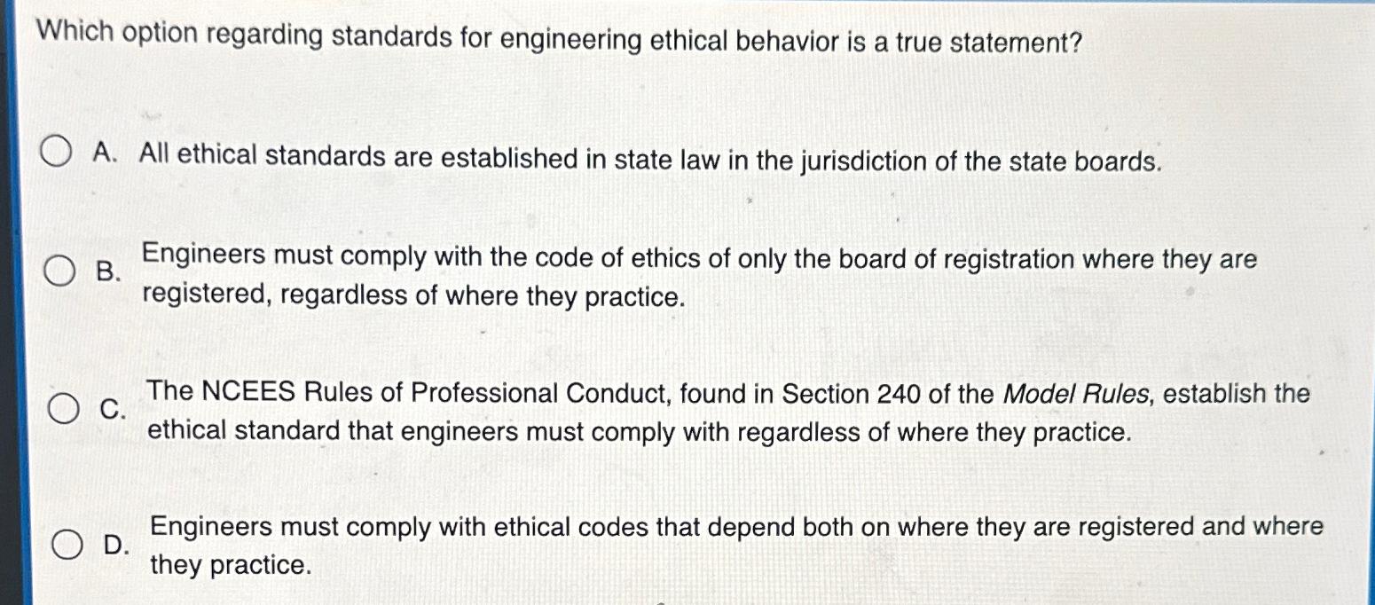 Solved Which option regarding standards for engineering | Chegg.com