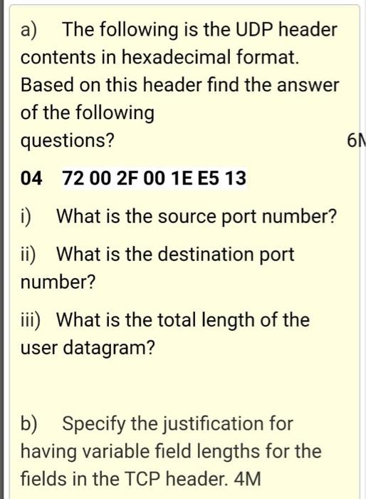 Solved a) The following is the UDP header contents in | Chegg.com