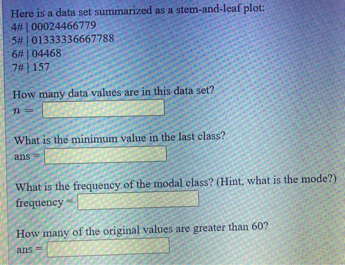 Solved Here is a data set summarized as a stem-and-leaf | Chegg.com