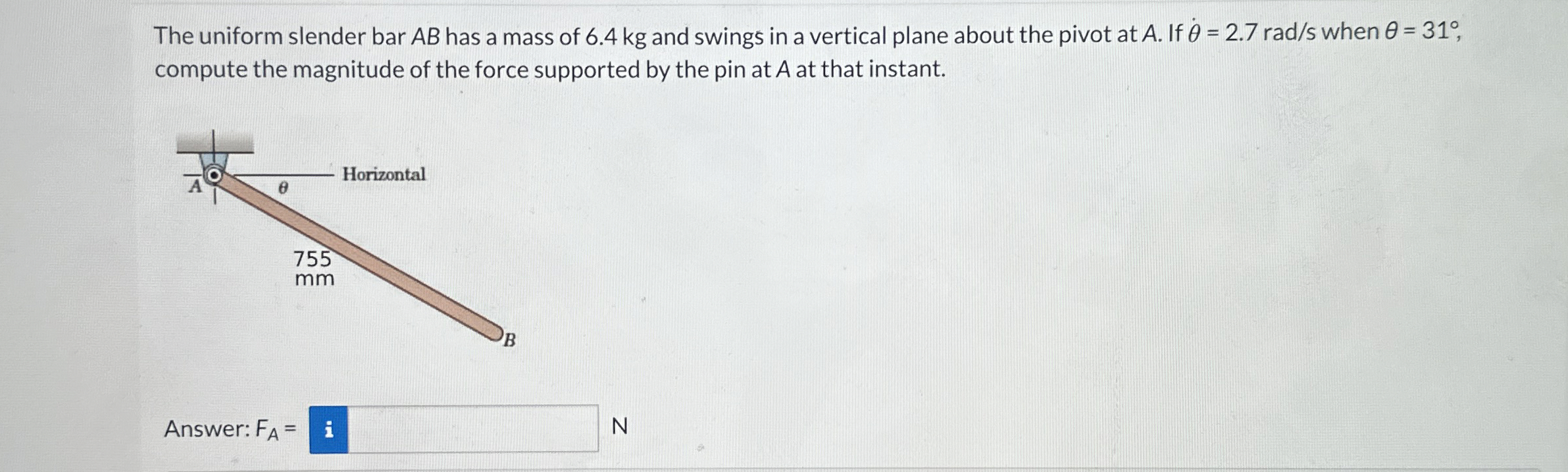 Solved The uniform slender bar AB ﻿has a mass of 6.4 ﻿kg and | Chegg.com