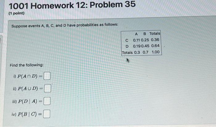 1001 Homework 12: Problem 35 (1 point) Suppose events | Chegg.com