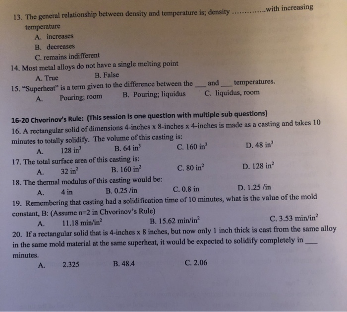 Solved 13. The general relationship between density and | Chegg.com
