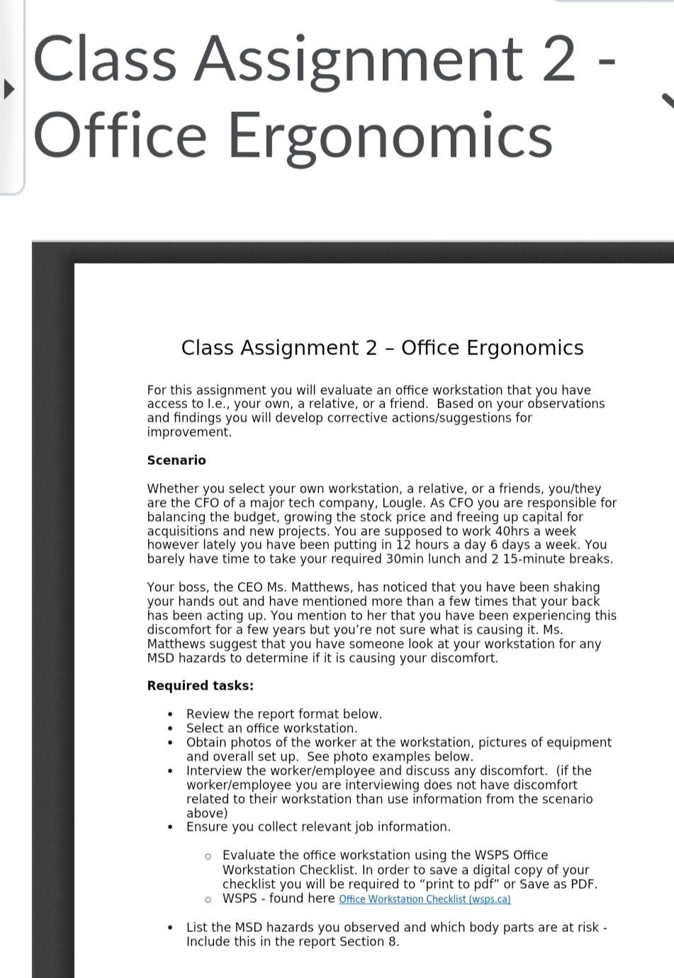 Class Assignment 2 - Office Ergonomics Class | Chegg.com