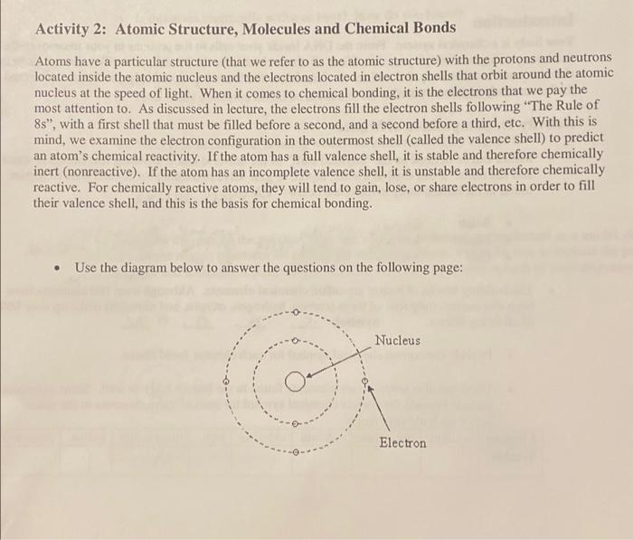Solved Activity 2: Atomic Structure, Molecules and Chemical | Chegg.com