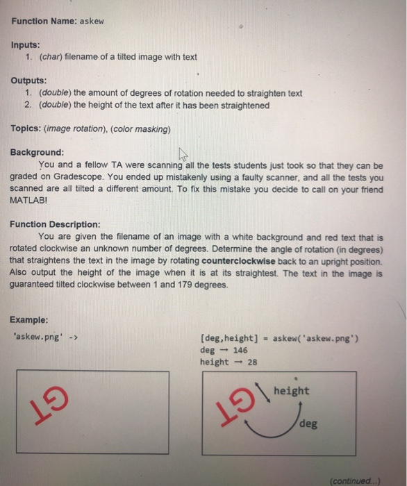Function Name: askew Inputs: 1. (char) filename of a | Chegg.com