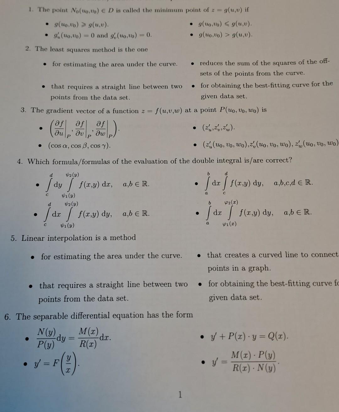Solved 1. The point N0(u0,v0)∈D is called the minimum point | Chegg.com
