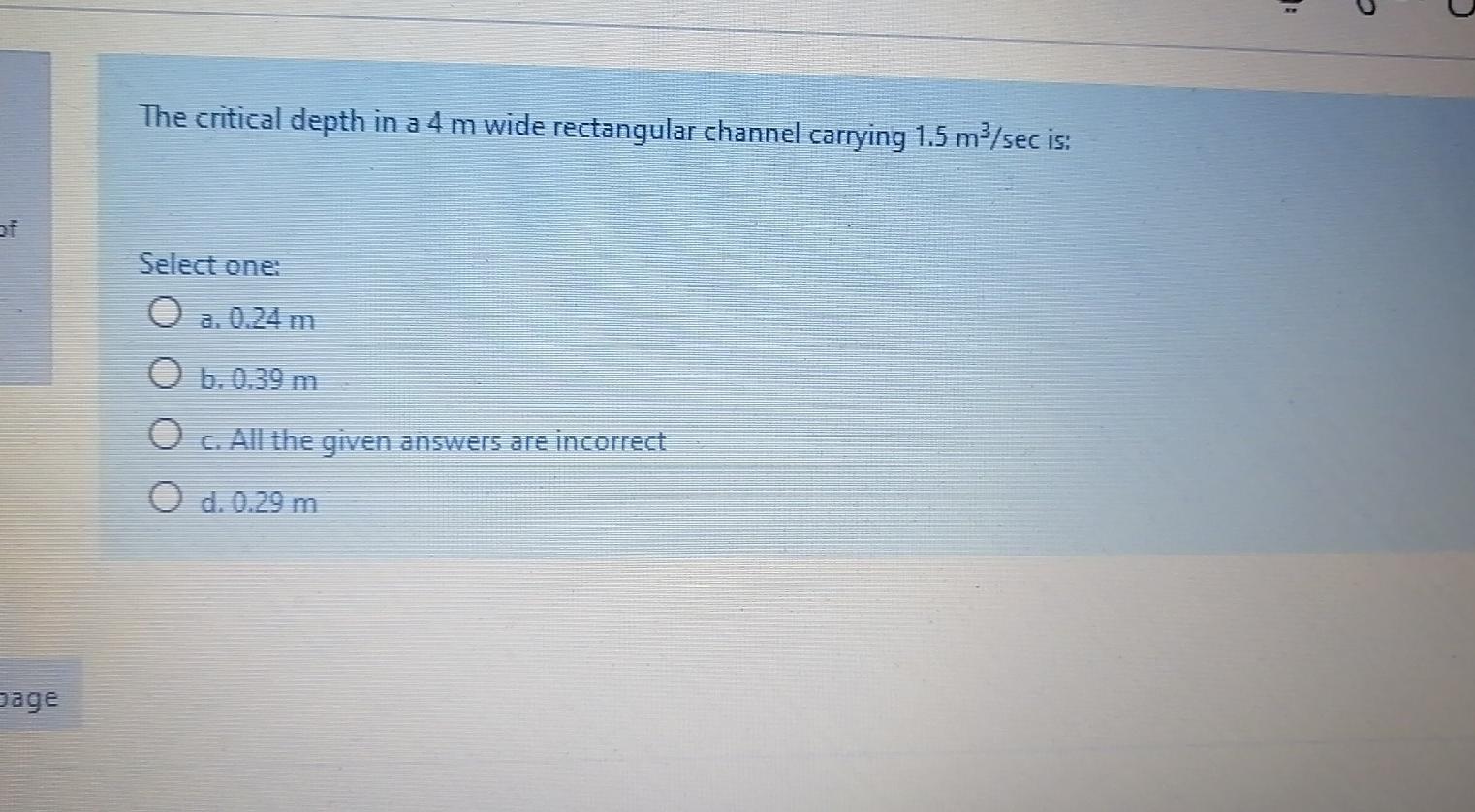 Solved The critical depth in a 4 m wide rectangular channel | Chegg.com
