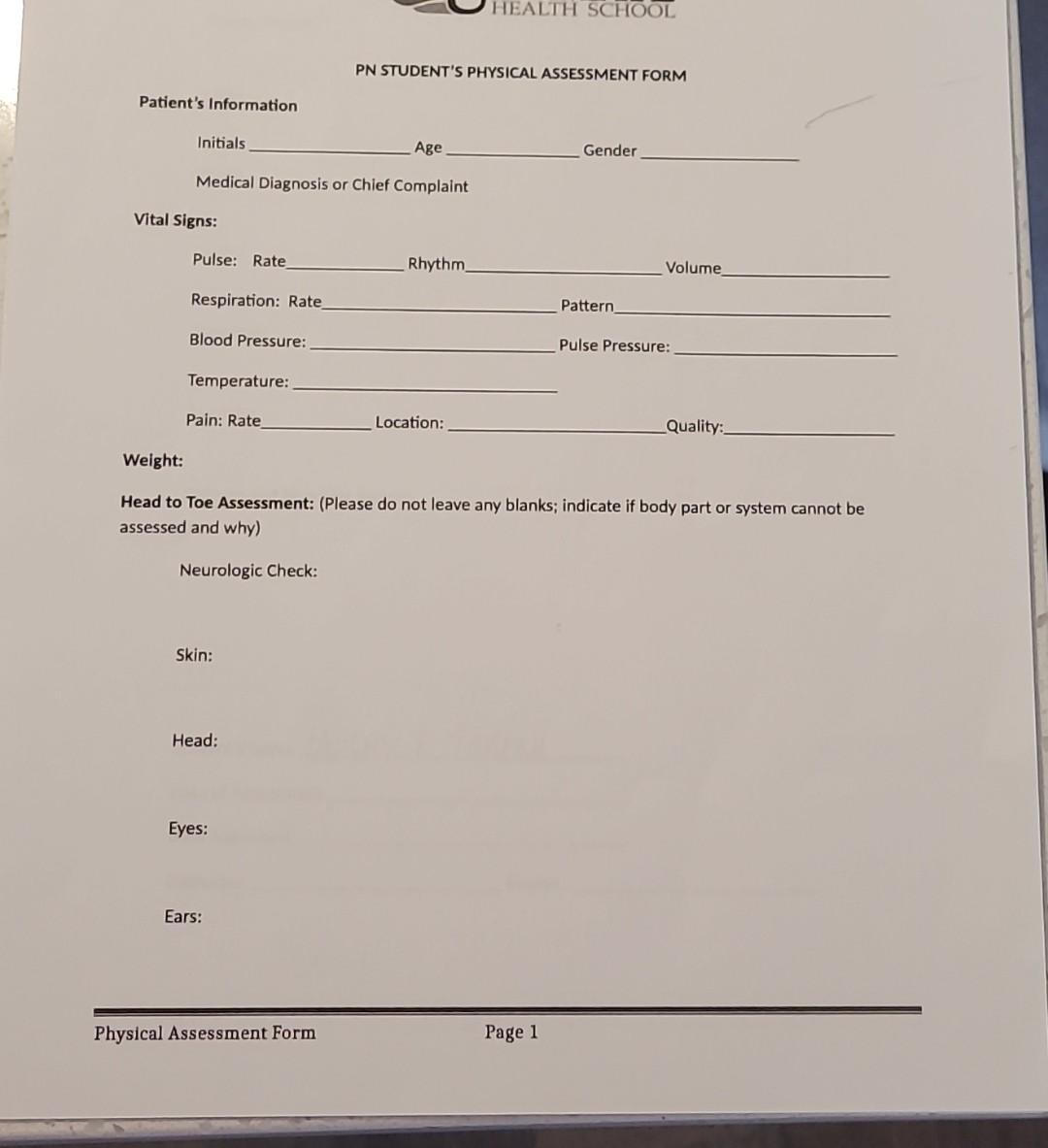 Solved PN STUDENT'S PHYSICAL ASSESSMENT FORM Patient's | Chegg.com