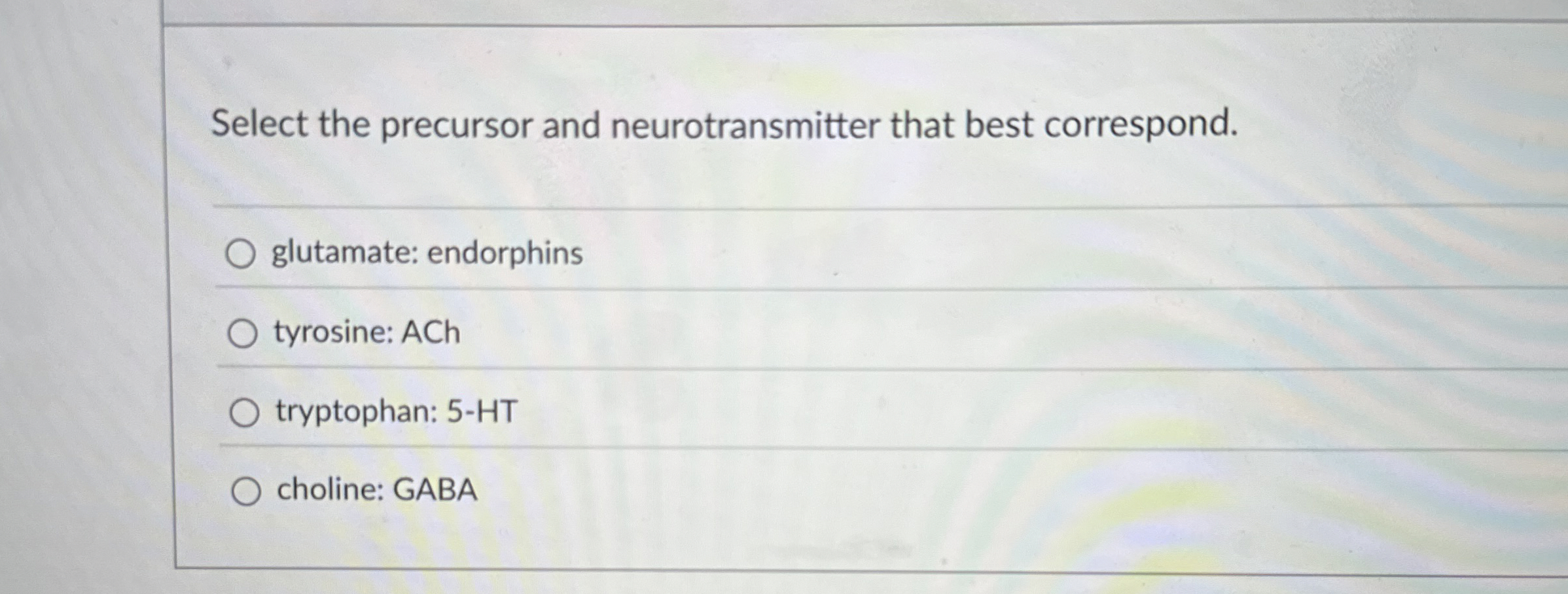 Solved Select the precursor and neurotransmitter that best | Chegg.com