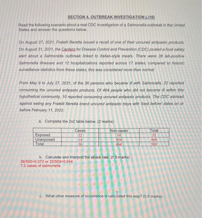 Solved SECTION 4. OUTBREAK INVESTIGATION (/16) Read the | Chegg.com