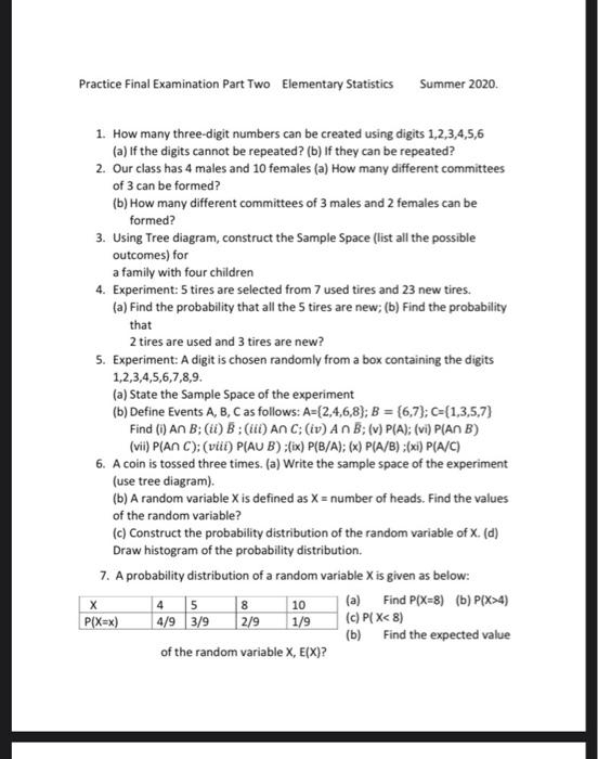 Solved Practice Final Examination Part Two Elementary | Chegg.com