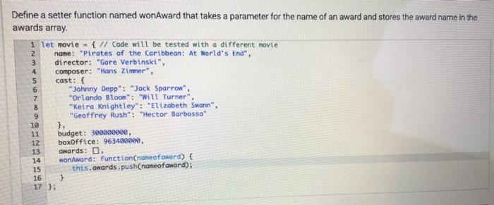 Solved Define a setter function named wonAward that takes a | Chegg.com Solved Define a setter function named wonAward that takes a | Chegg.com