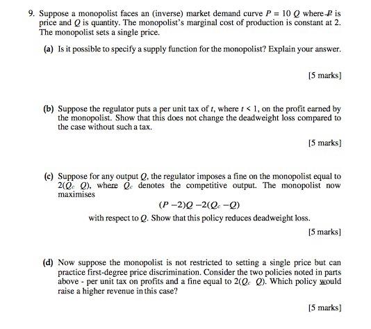 9. Suppose a monopolist faces an inverse) market | Chegg.com