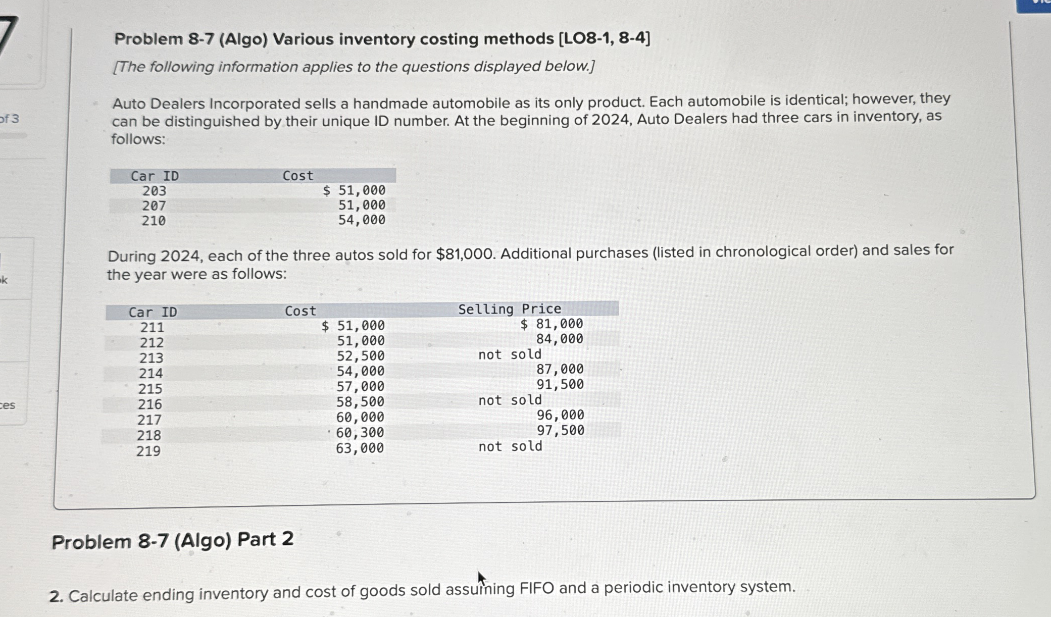 Problem 8-7 (Algo) ﻿Various inventory costing methods | Chegg.com