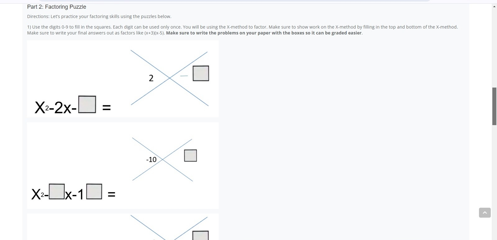 Solved Part 2: Factoring PuzzleDirections: Let's practice | Chegg.com Solved Part 2: Factoring PuzzleDirections: Let's practice | Chegg.com