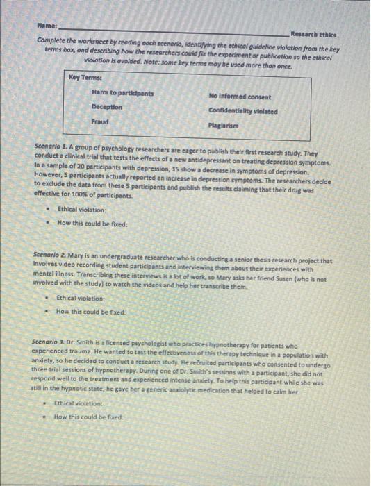 Solved Name: Research Ethics Complete the worksheet by | Chegg.com