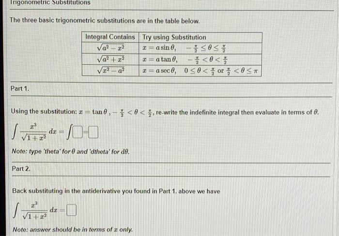 Solved Trigonometric Substitutions The three basic | Chegg.com