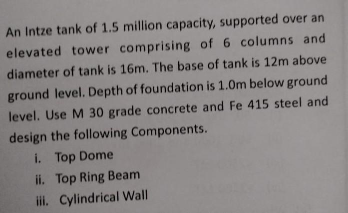 Solved An Intze tank of 1.5 million capacity, supported over | Chegg.com