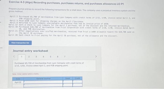 Solved Exercise 4-3 (Algo) Recording purchases, purchases | Chegg.com