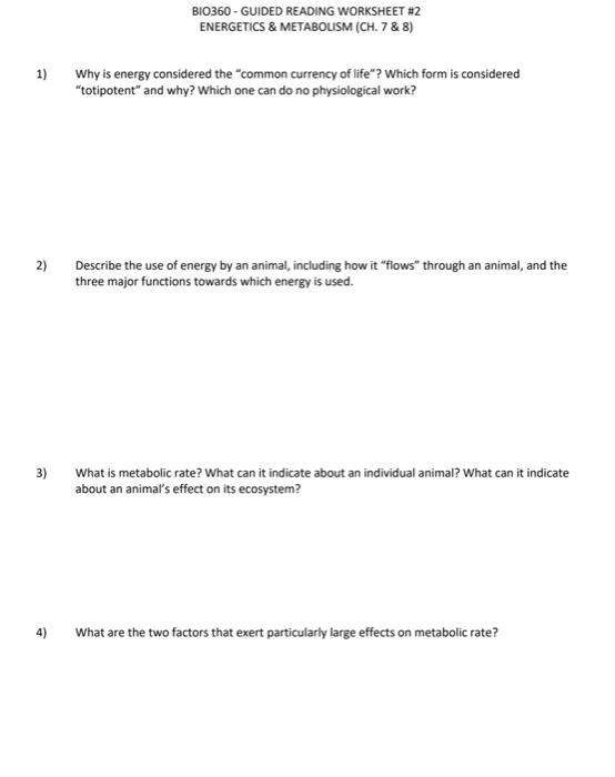 Solved BIO360 - GUIDED READING WORKSHEET #2 ENERGETICS & | Chegg.com