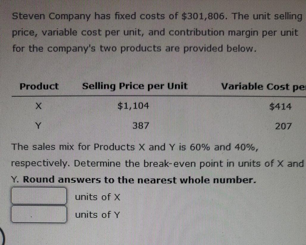 Solved Steven Company has fixed costs of $301,806. The unit | Chegg.com
