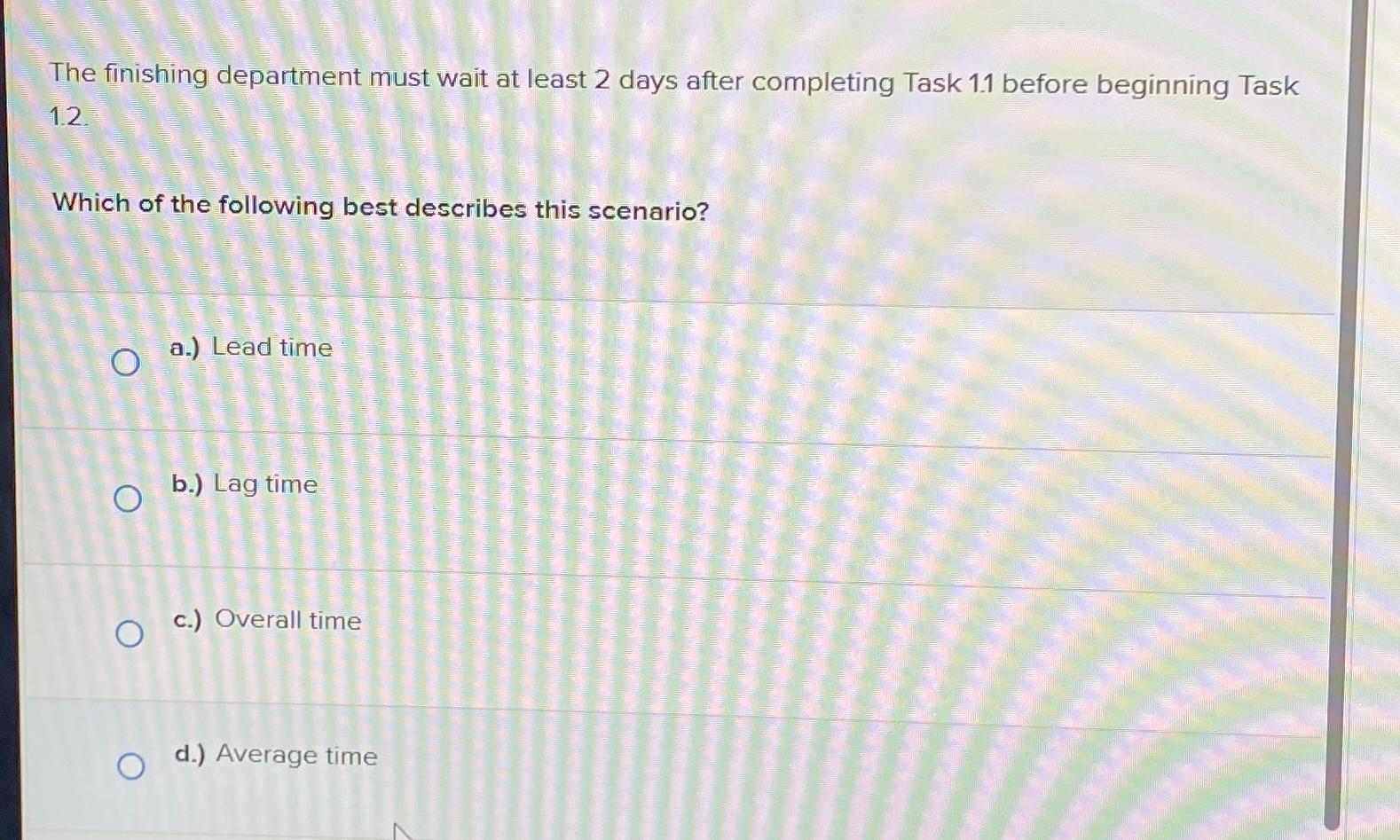Solved The finishing department must wait at least 2 ﻿days | Chegg.com