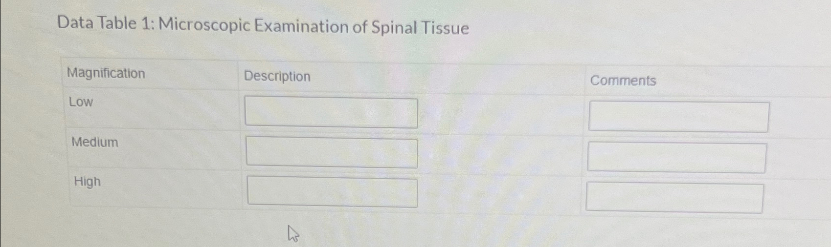Solved Data Table 1: Microscopic Examination of Spinal | Chegg.com
