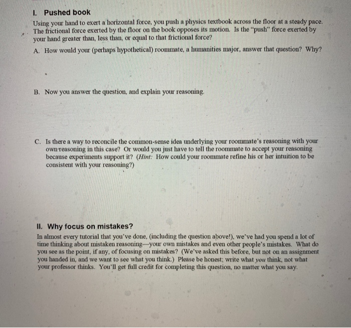 Solved 1. Pushed book Using your hand to exert a horizontal | Chegg.com