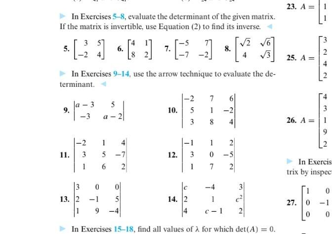 Solved 23. A = In Exercises 5-8, evaluate the determinant of | Chegg.com