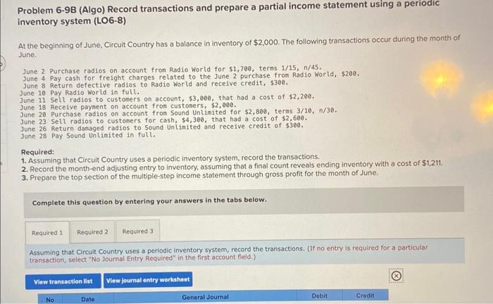Solved Problem 6-9B (Algo) Record transactions and prepare a | Chegg.com