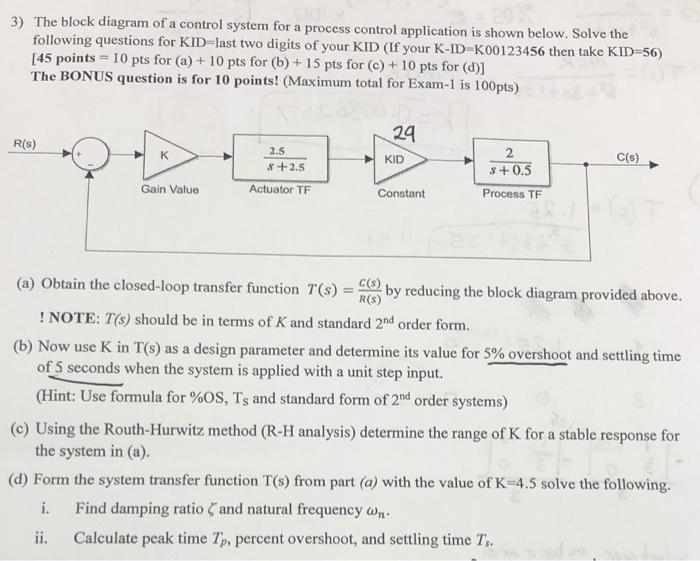 Solved 3) The block diagram of a control system for a | Chegg.com