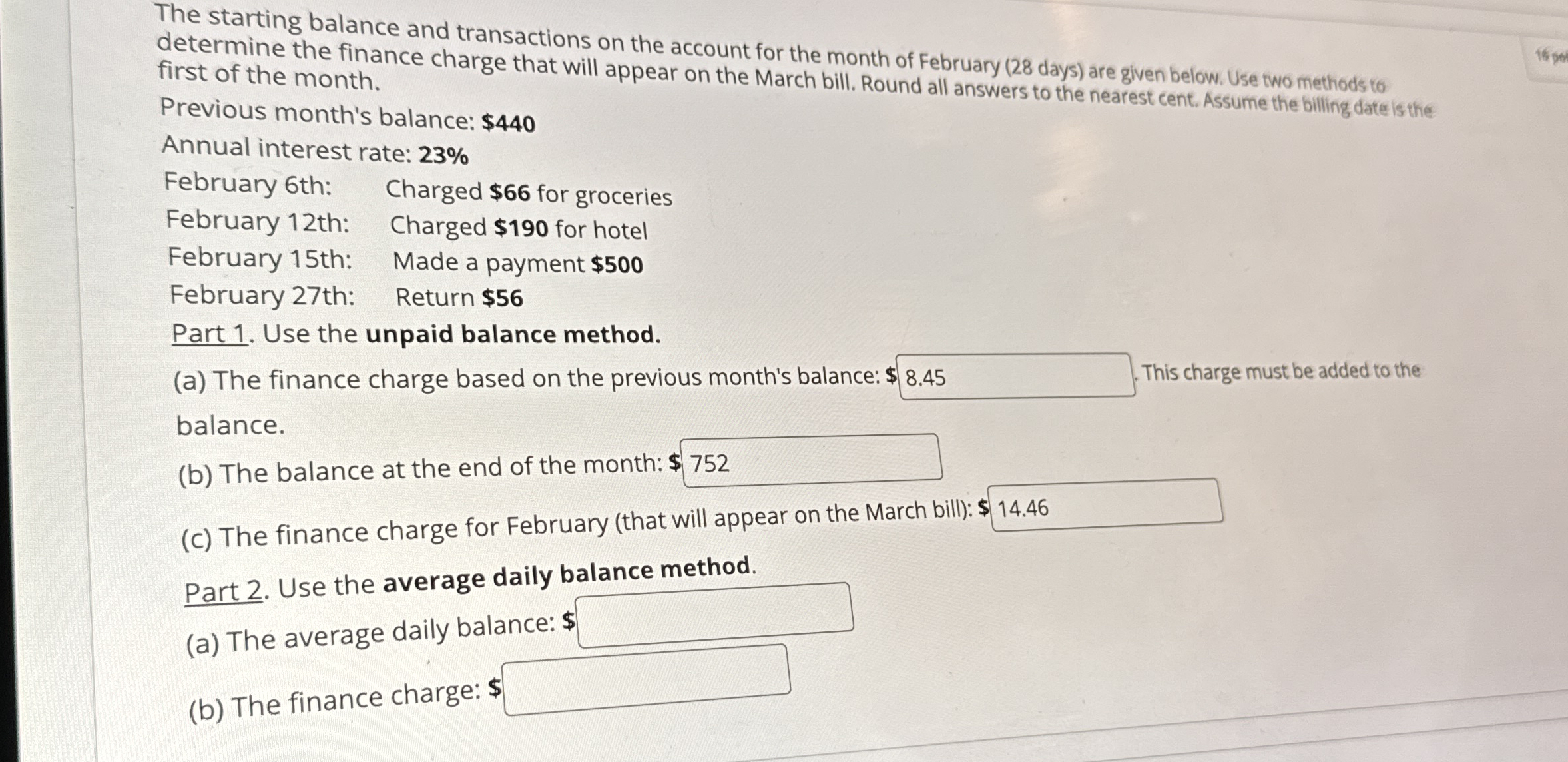 The starting balance and transactions on the account | Chegg.com